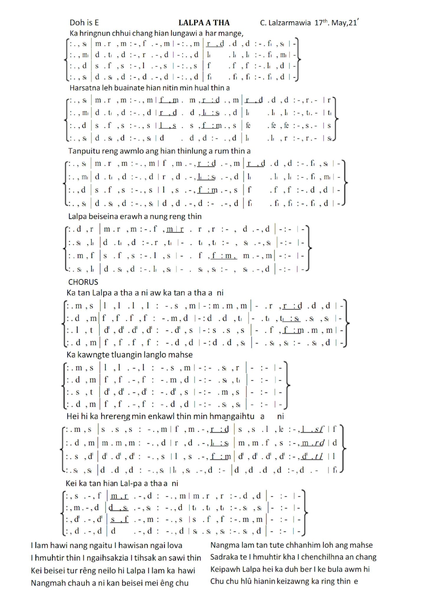 Lalpa a Tha (Lyrics, Solfa & Translation) - C Lalzarmawia